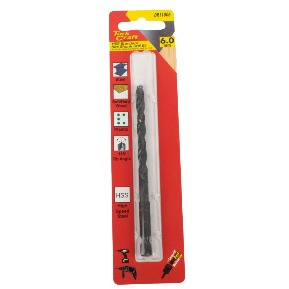 Tork Craft | Drill Bit HSS Standard 6.0mm Hex Shank 1/Card - BPM Toolcraft