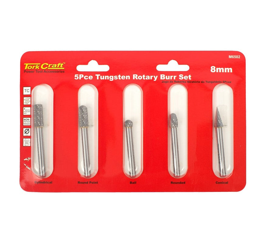 Tork Craft | Rotary Burr Set Asstd 8mm Dia. Tungsten 5Pc - BPM Toolcraft